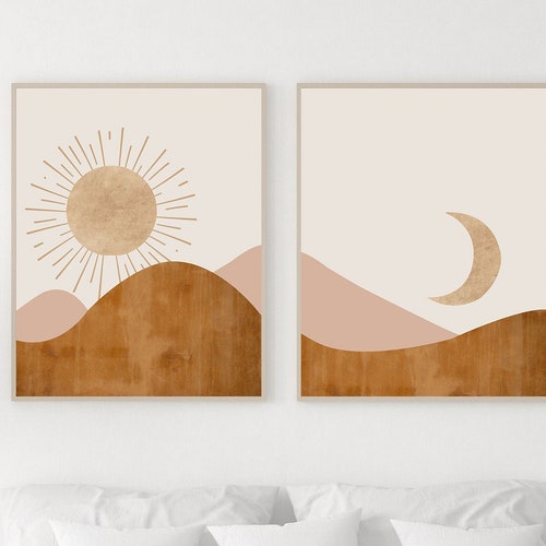 Sun and Moon Wall Art Abstract Landscape Boho Sun and Moon | Etsy