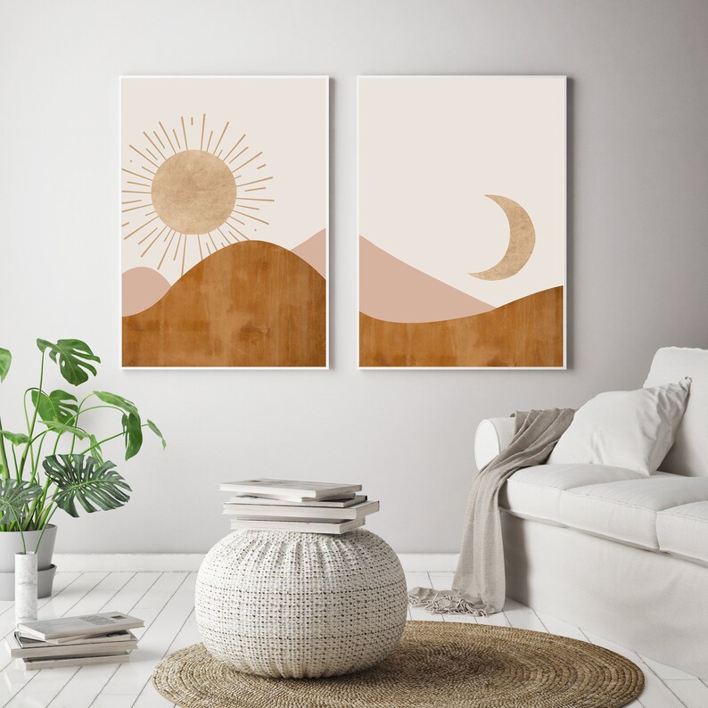 Sun and Moon Wall Art Abstract Landscape Boho Sun and Moon - Etsy