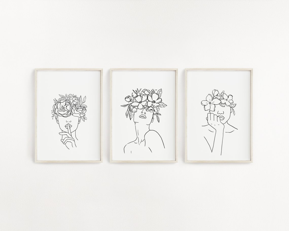 Line art woman set of 3 prints woman flower line art | Etsy