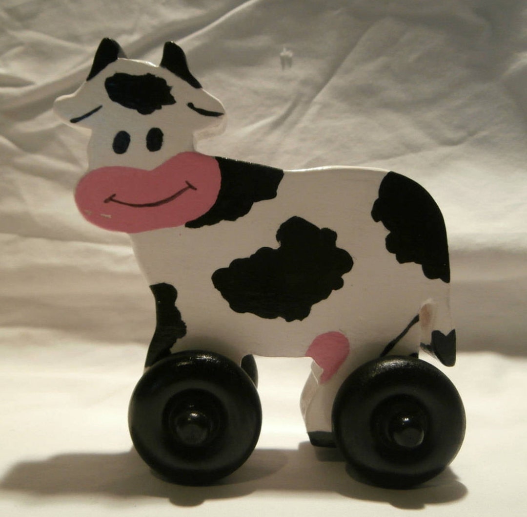 Wooden Toy Cow,on Wheels, Farm Animal, Wood Toys,todler, Roll on the ...