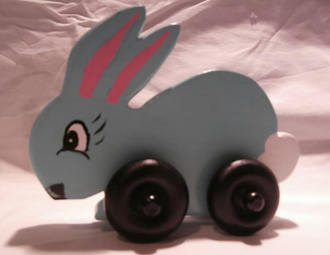 Rabbit on Wheels, Wooden Toy, Push Pull, Wood, Animal, Rolls on Floor ...