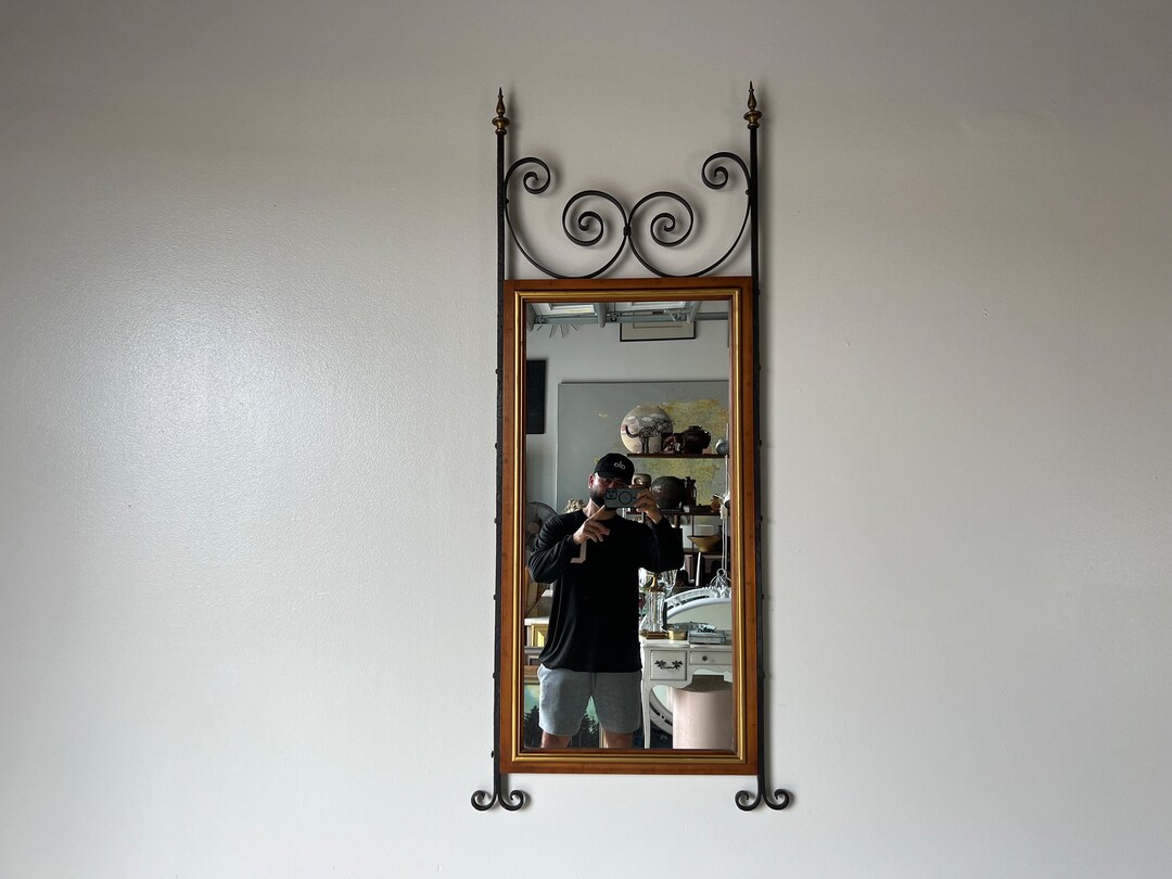 Hollywood Regency Iron and Wood Frame Wall Mirror With Brass Finials - Etsy