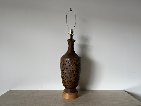 70's Mid-century Cut Out Pottery Table Lamp - Etsy