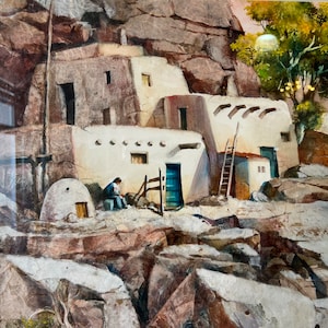 1980's Gustave Wander Mixed Media Collage Native American Taos Pueblo ...