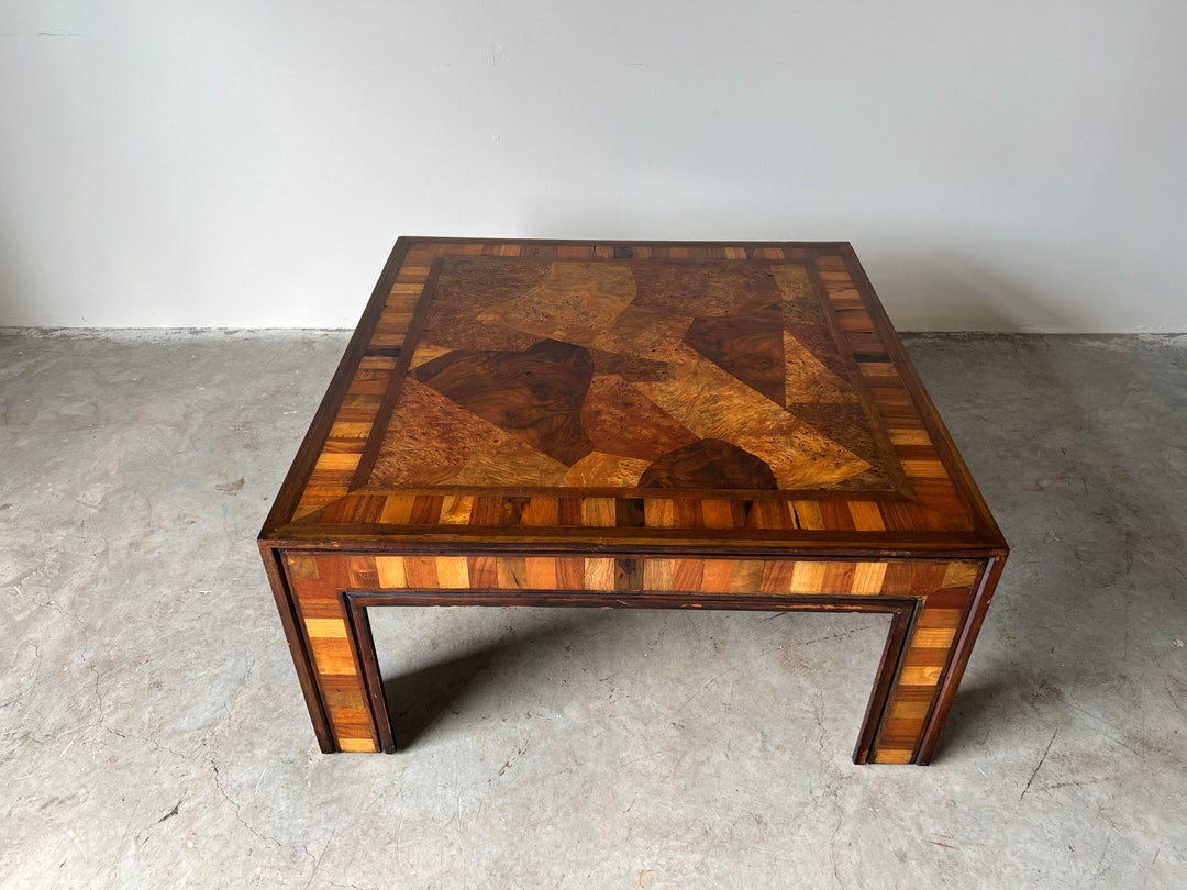 Mid Century Burl Wood Parchment Top Square Coffee Table - Etsy