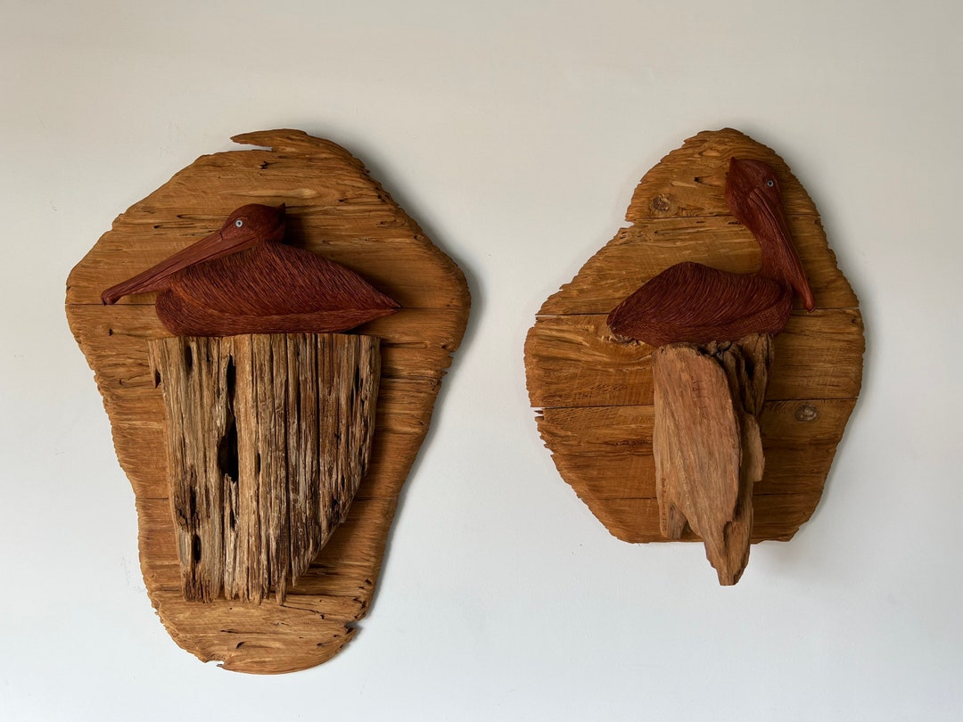 1980's Bob Boulware Art Hand Carved Pelicans Wall Sculptures - a Pair ...