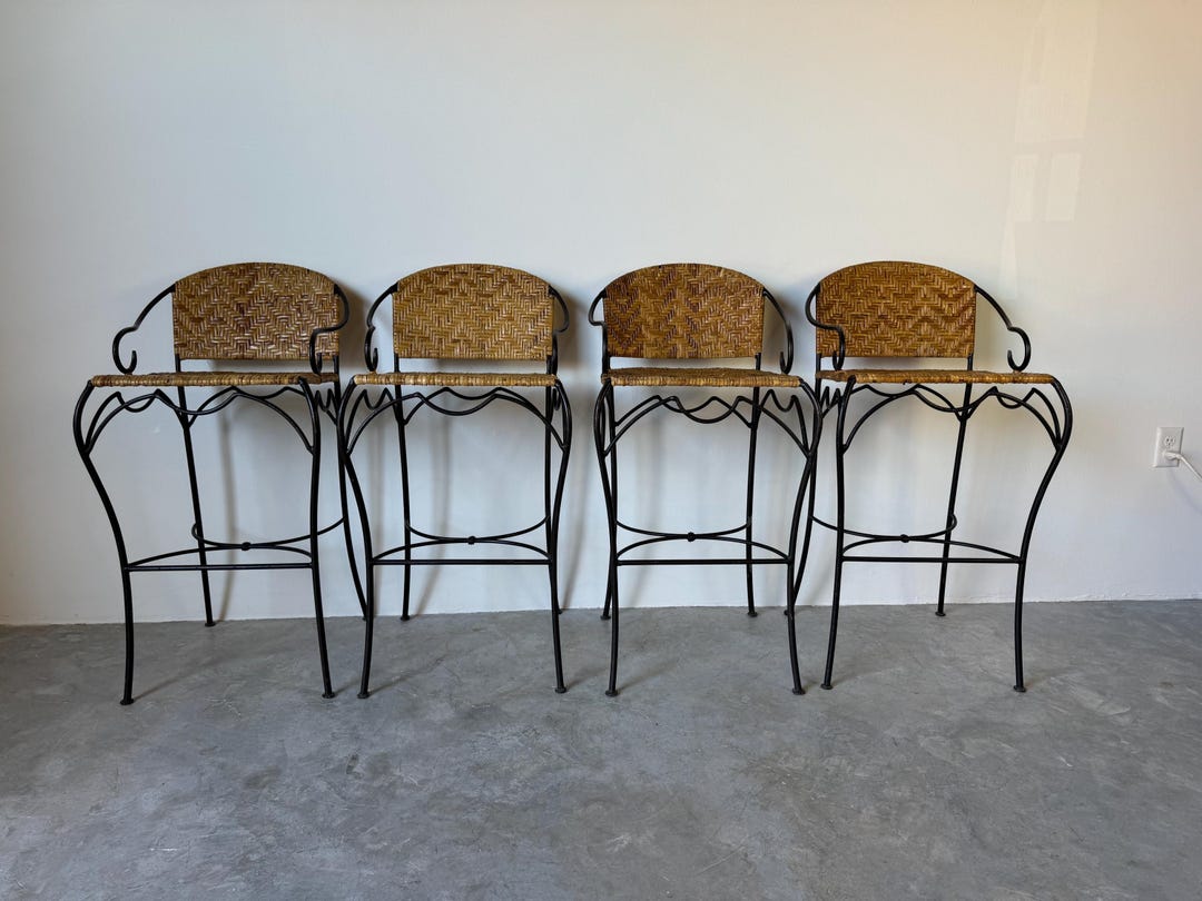 Palecek Vintage Iron and Woven Rattan Bar Stools Set of 4 - Etsy