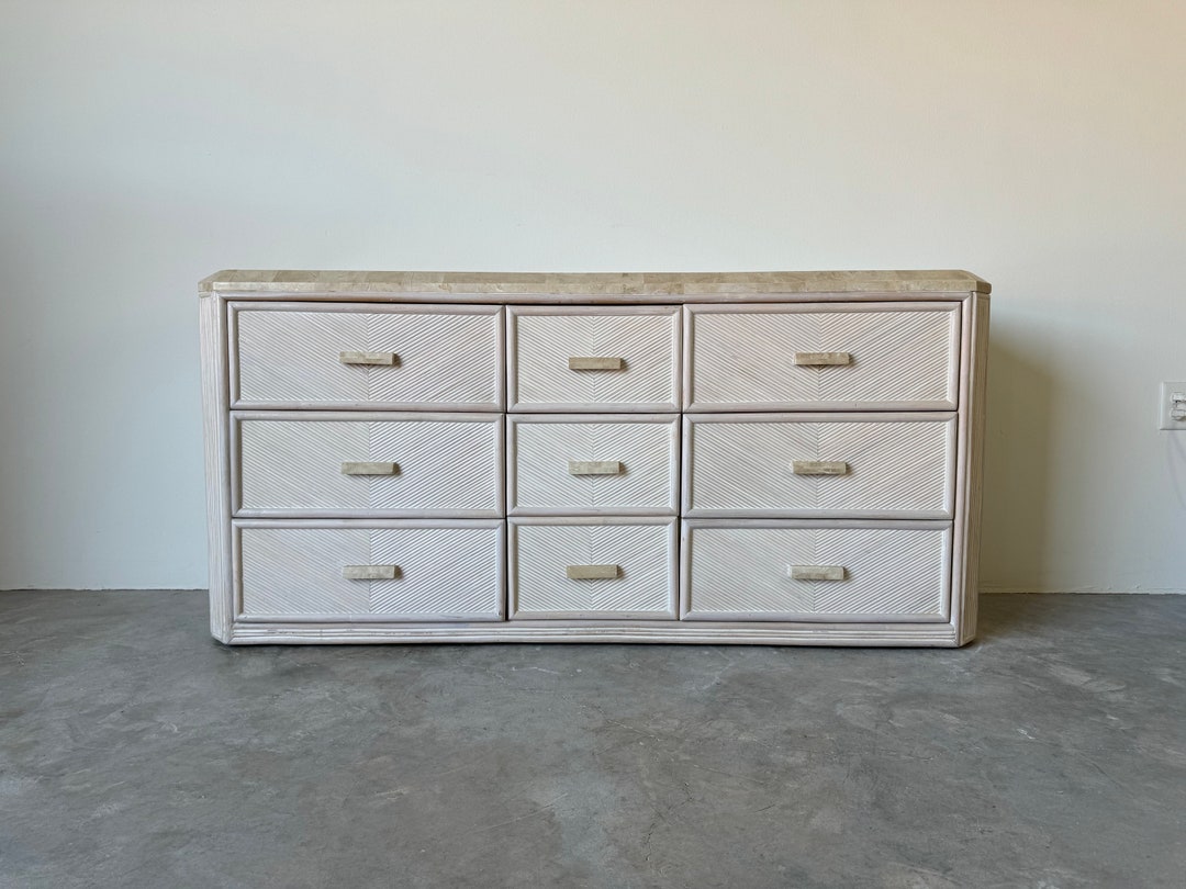 Vintage Coastal Pencil Reed Rattan and Tessellated Stone Top Nine ...