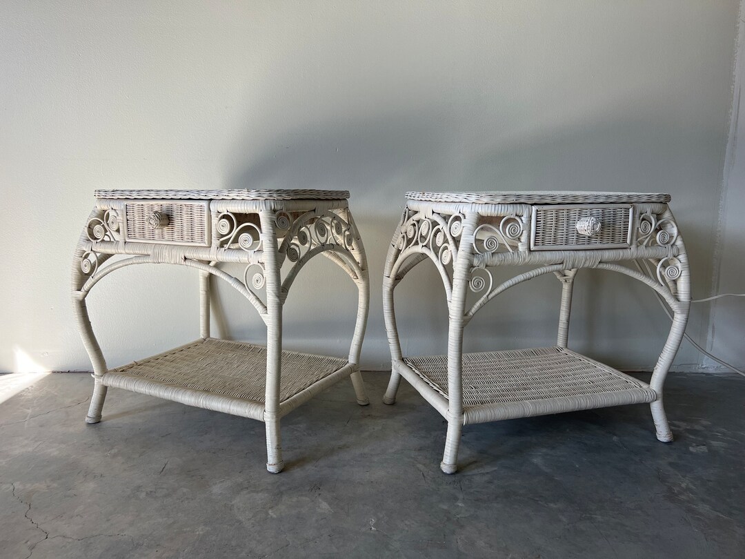Vintage Coastal Palm Beach - Style White Woven Wicker Nightstands - a ...