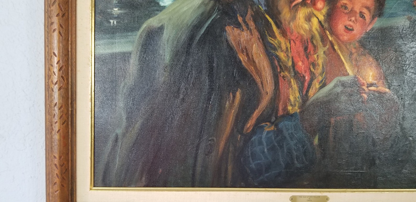 1970's Vintage Carol " the Old Story Teller" Figurative Oil on Canvas ...