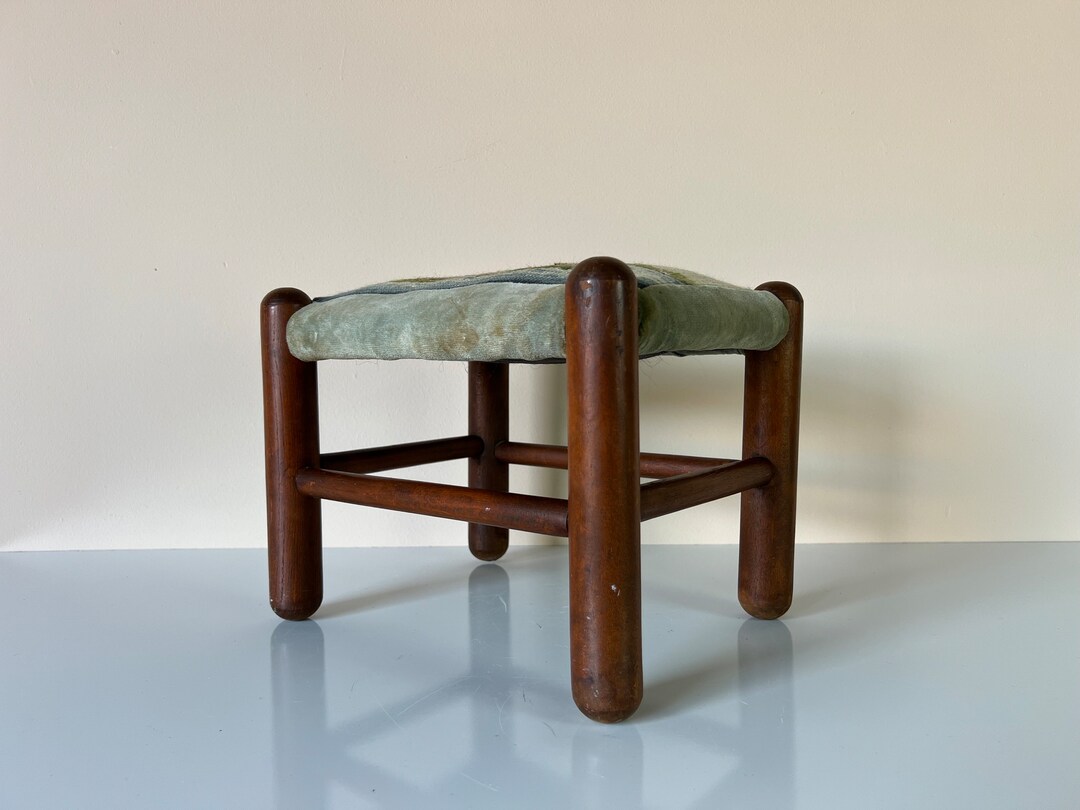 Vintage Farmhouse Wood Footstool With Needlepoint Upholstery - Etsy