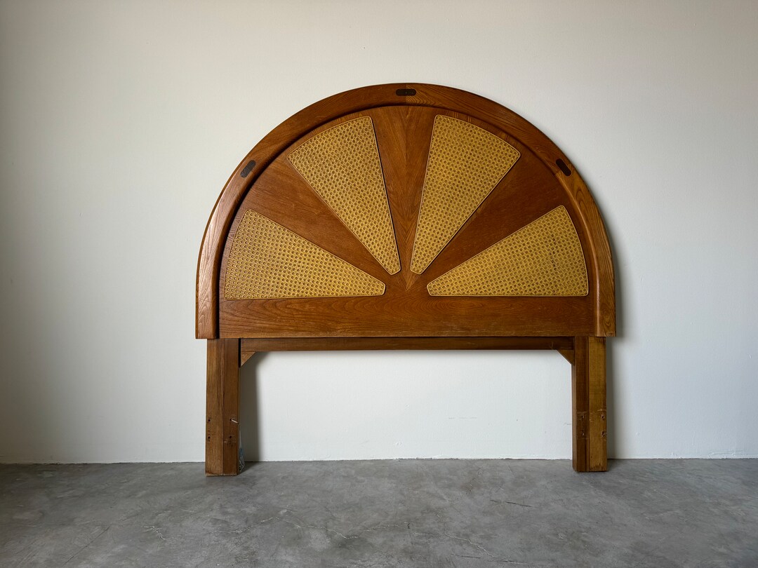 1970's Mid- Century Rising Sun Pattern Oak & Cane Queen Size Headboard ...