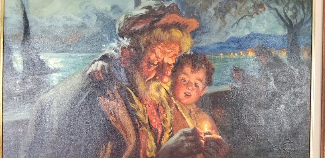 1970's Vintage Carol " the Old Story Teller" Figurative Oil on Canvas ...