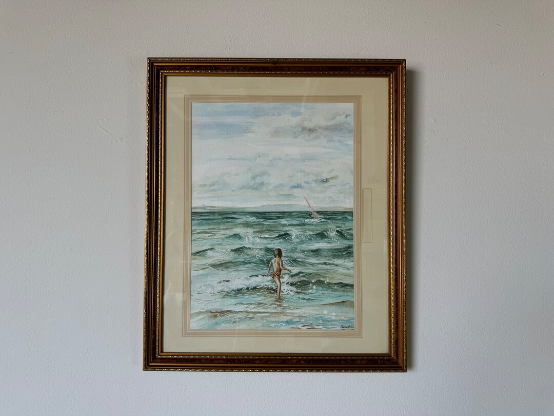 80's Fiona Adan Girl on the Beach Impressionist Watercolor Painting ...