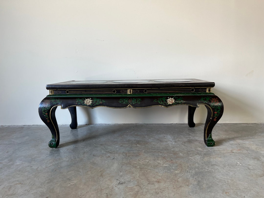Vintage Chinese Black Lacquer Coffee Table W/ Three Cloisonne Porcelain ...