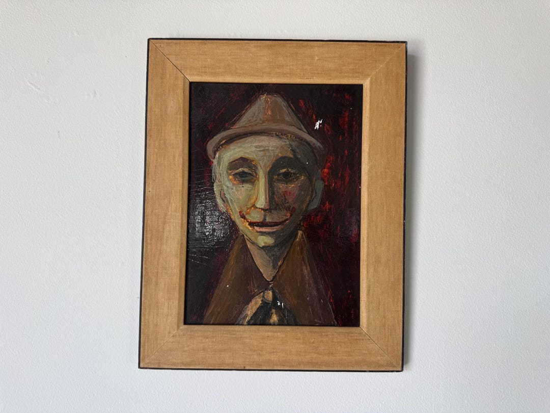 1960s Vintage Expressionist Clown Portrait Oil Painting on Masonite ...