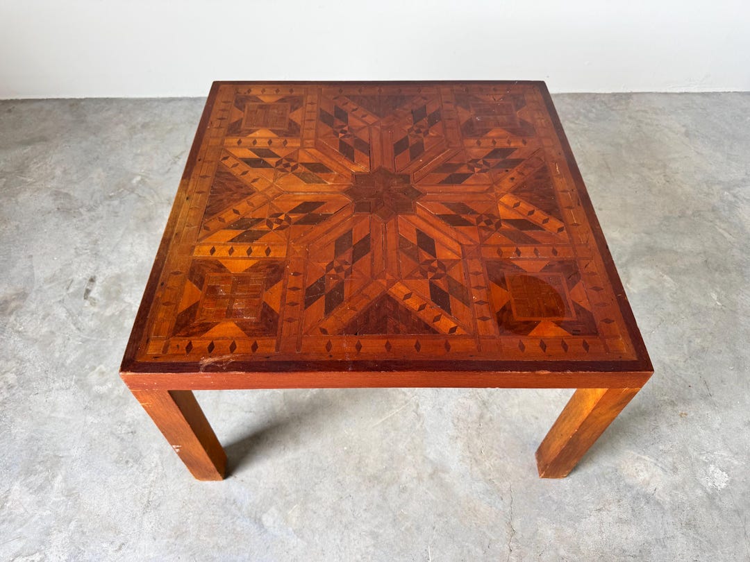 Mid-century Geometric Marquetry Top Wood Side Table Table - Etsy