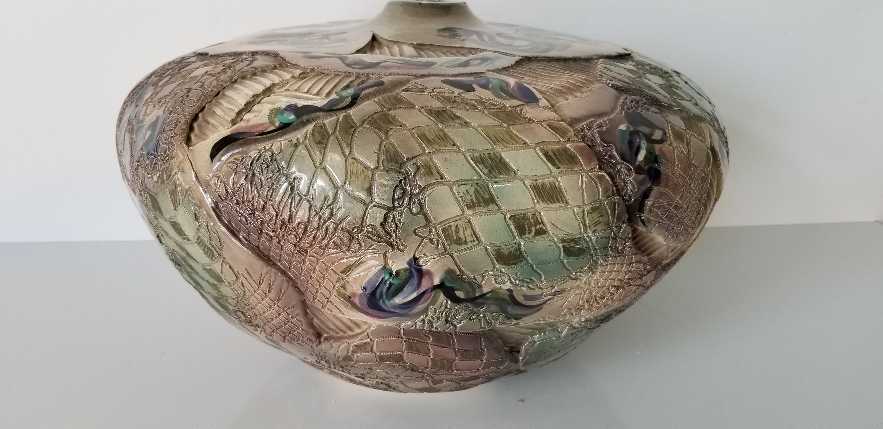 1980s Gail Markiewicz Brutalist Texture Art Patchwork Decorative Vase ...