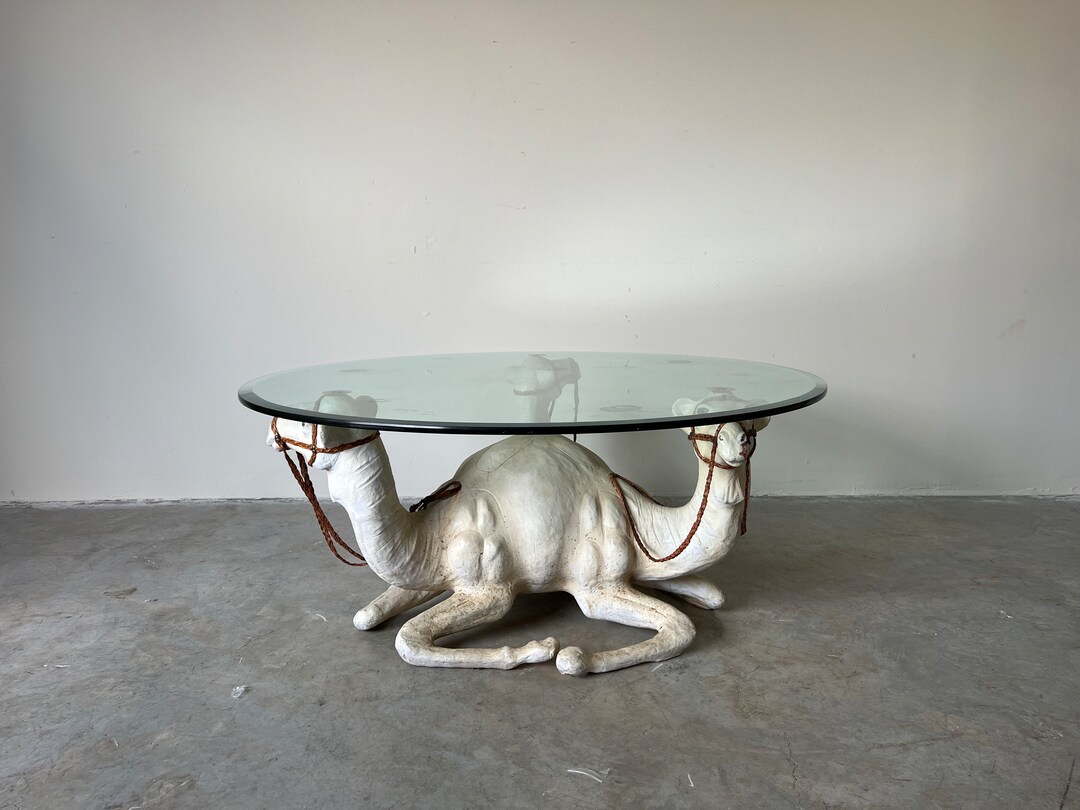 Hollywood Regency Sculptural Camel Leather Round Coffee Table W/ Glass ...