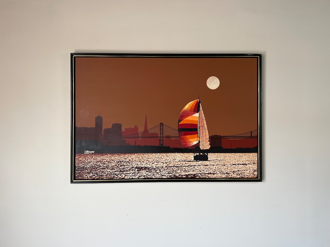 70's Large Letterman San Francisco Bay - Sail Boat Oil Painting, Framed ...