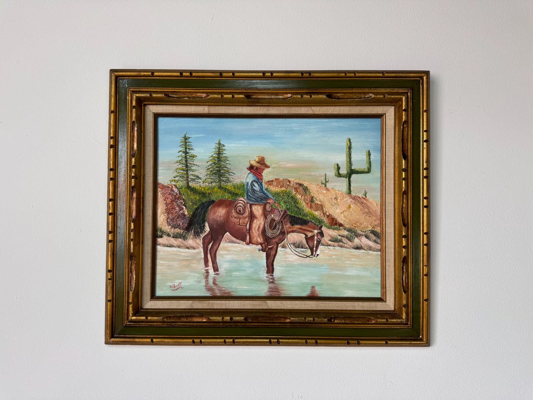 Vintage Gilbert Cowboy Western Oil Painting on Masonite Board – Framed ...