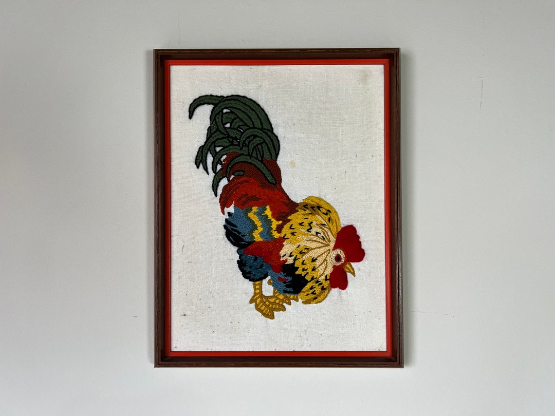 70's Vintage Hand Embroidery Rooster Wall Art - Etsy