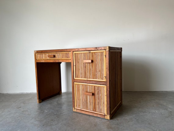 Vintage Coastal Pencil Reed Rattan and Wood Desk With Glass - Etsy