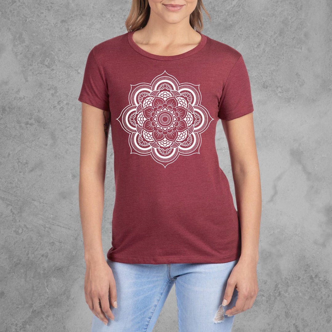 Mandala Tshirt, Graphic Tees for Women, Fitted Yoga Tee, Maroon Red ...