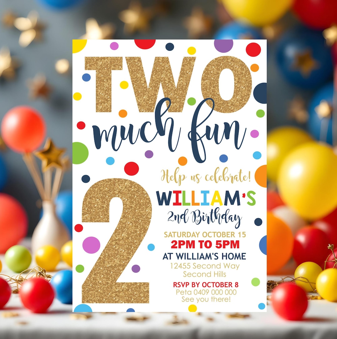 Two Much Fun Birthday Invitation: Editable Confetti, Second Birthday ...