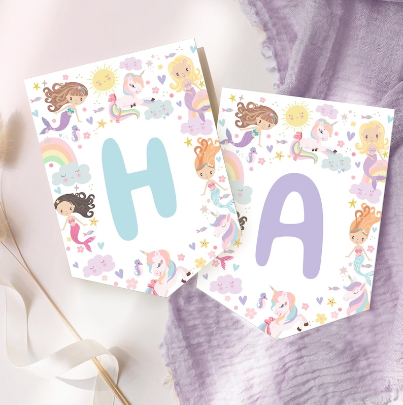 Rainbow Mermaid Unicorn Birthday Banner: Editable Party Flags (digital ...
