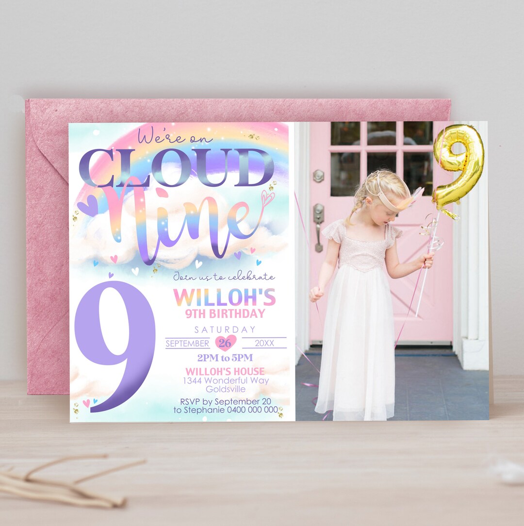 RAINBOW CLOUD 9 INVITATION Editable Rainbow Clouds 9th Birthday ...