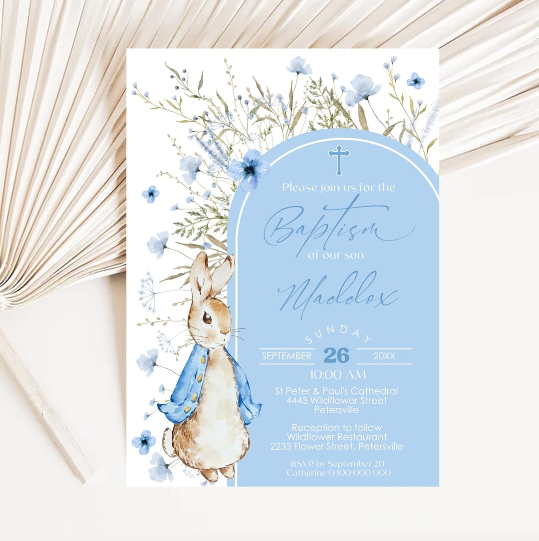 Editable PETER RABBIT Baptism Invitation Wildflowers Peter Rabbit ...