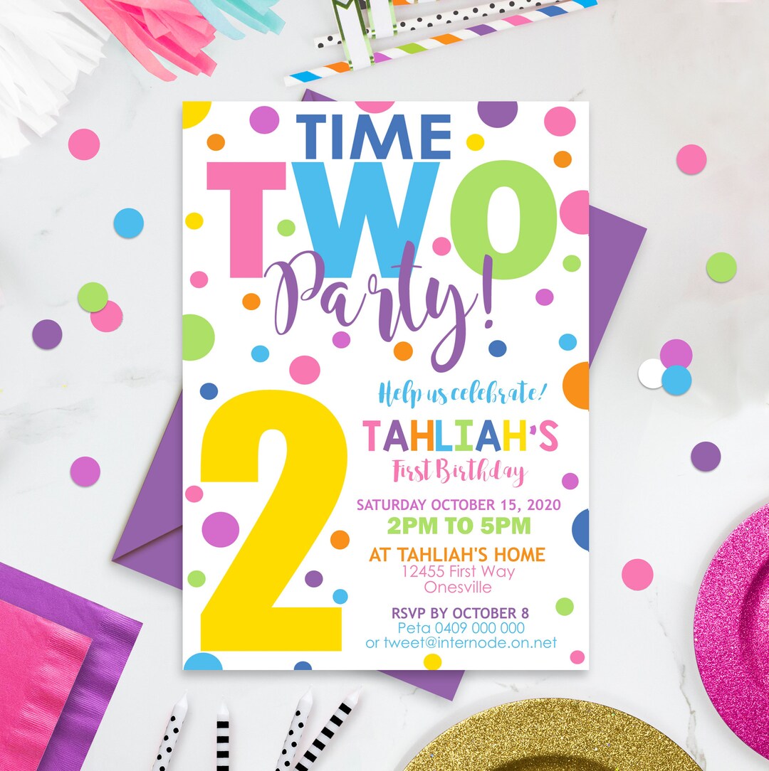 Time TWO Party Birthday Invitation Editable Confetti 2nd Birthday ...