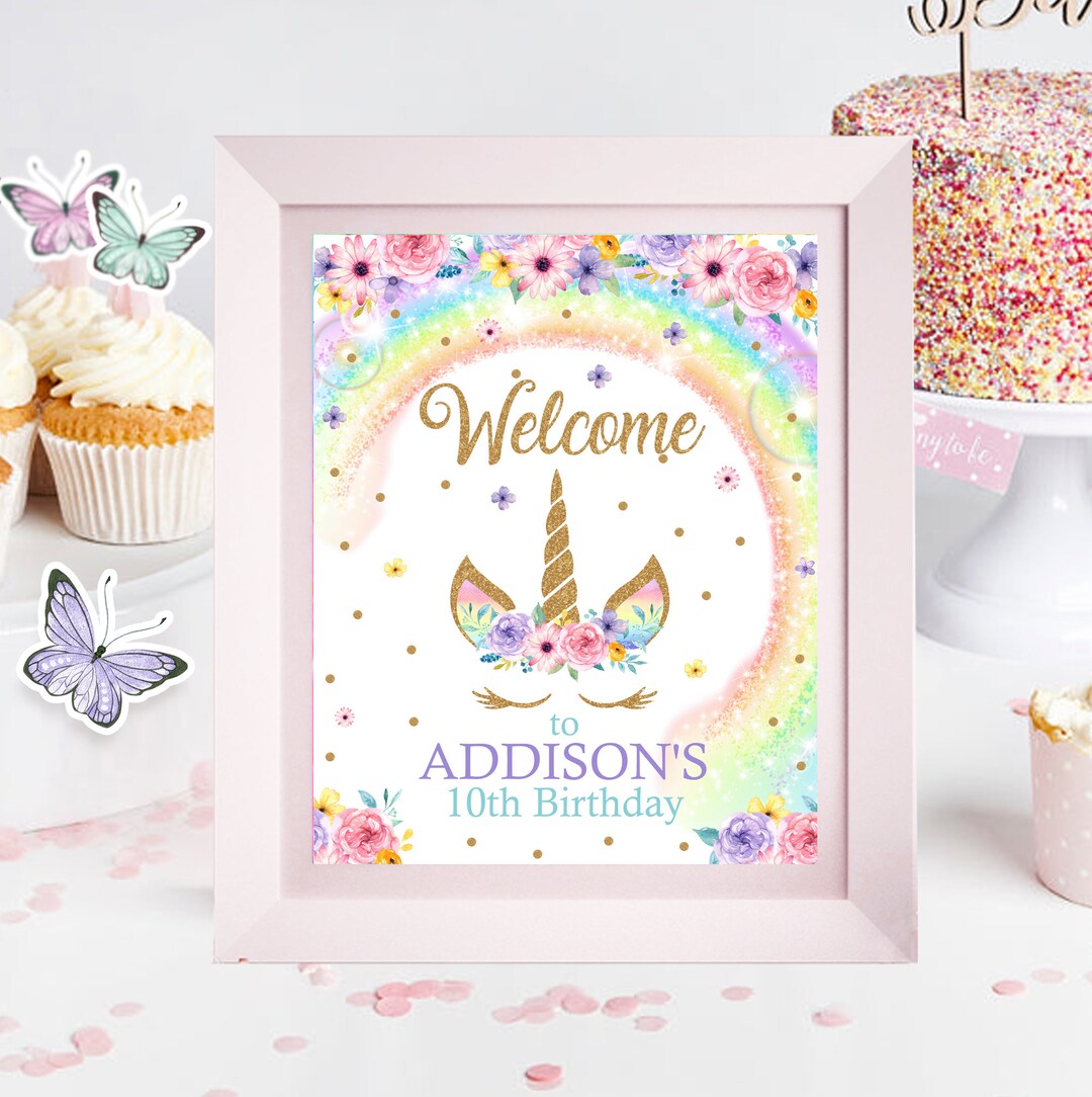 Rainbow Unicorn Welcome Sign Editable Unicorn Welcome Birthday Sign ...