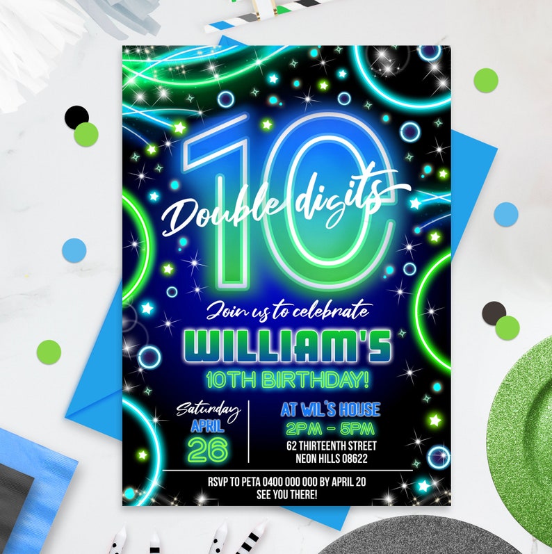 Neon 10th Birthday Invitation: Double Digits Party (digital Download ...