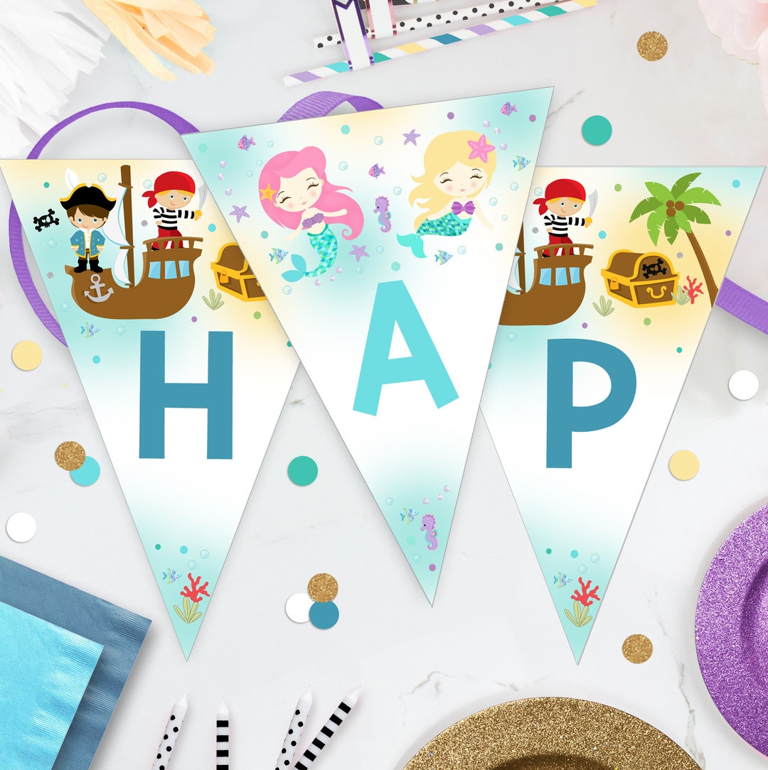 MERMAID PIRATE BANNER Editable Mermaid Pirate Party Flags Mermaid ...