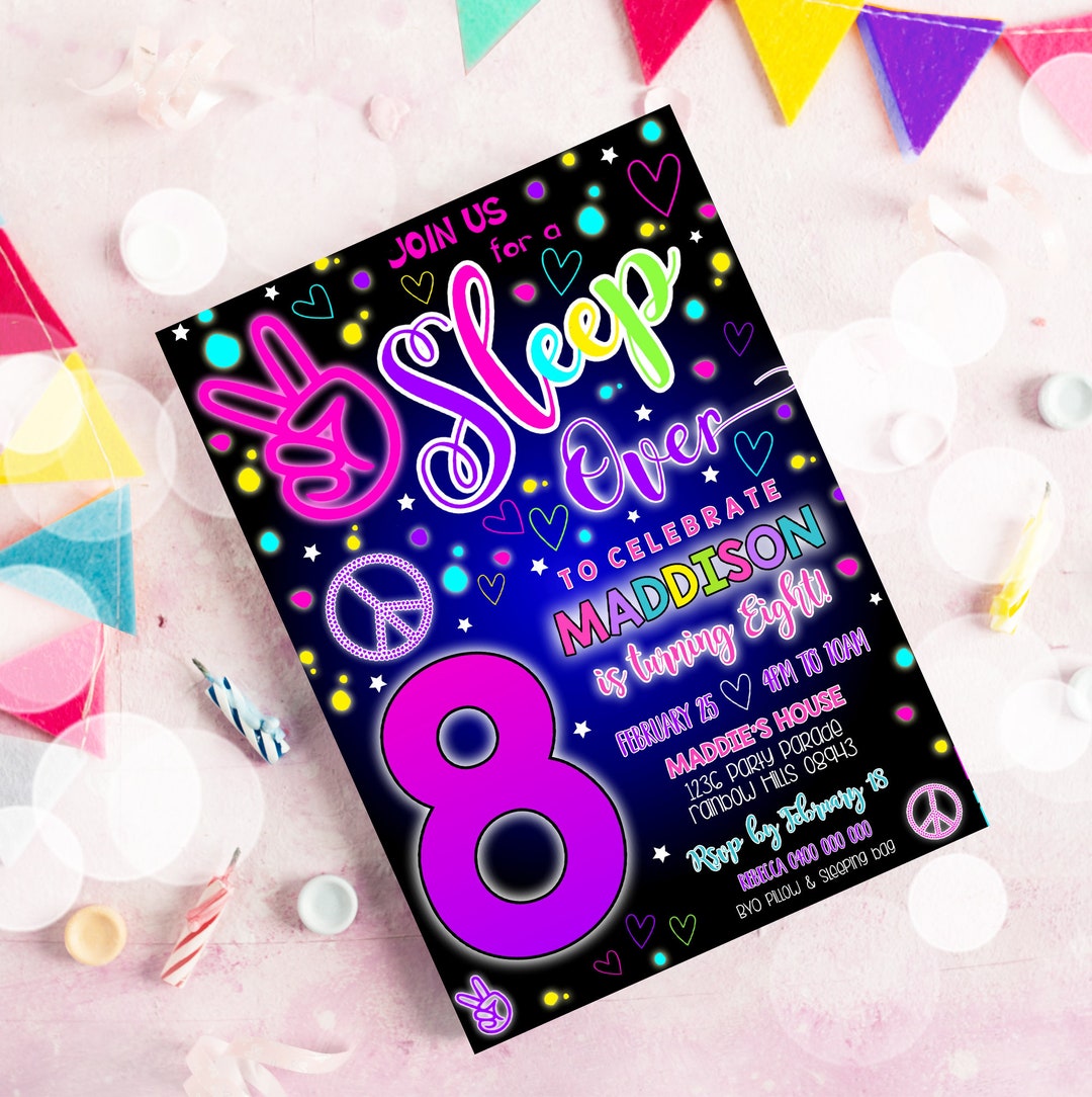 SLEEPOVER PARTY INVITATION Neon Slumber Invitation Sleep Over Neon ...