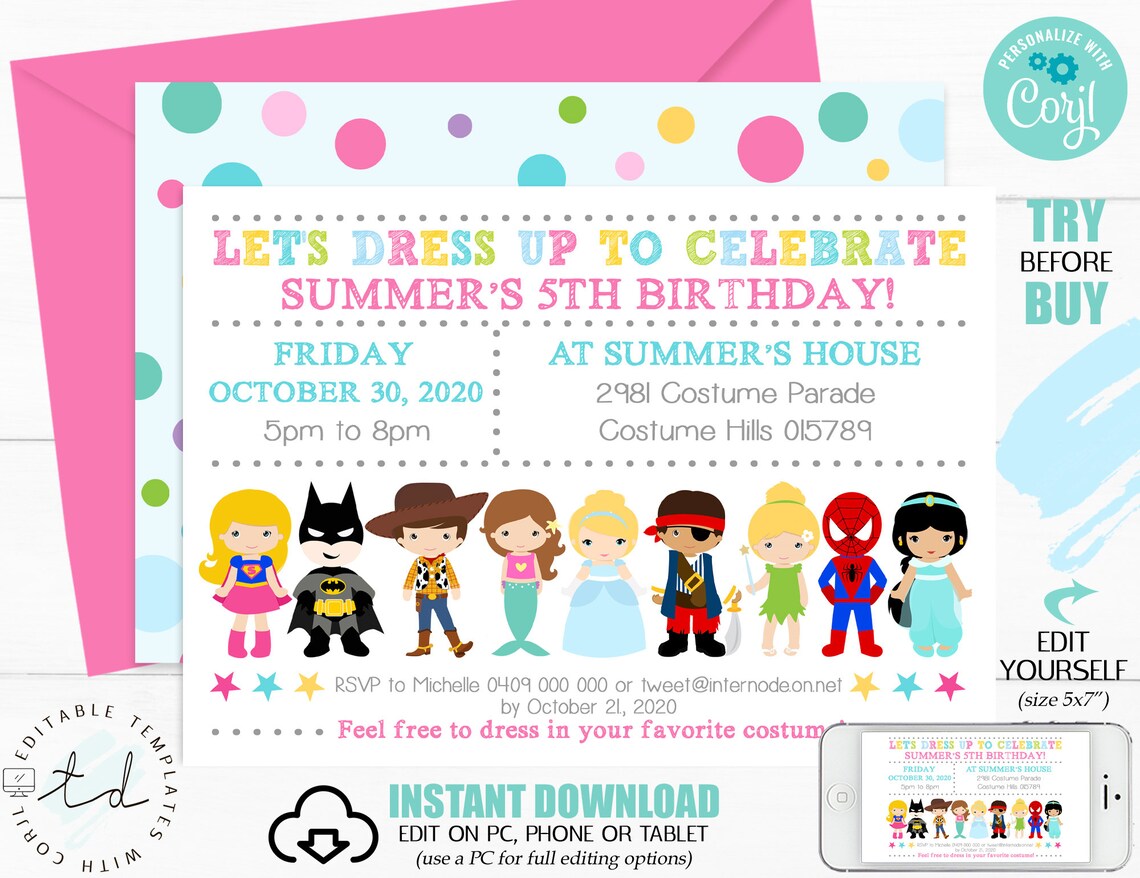 COSTUME PARTY INVITATION Instant Download Dress up Party - Etsy