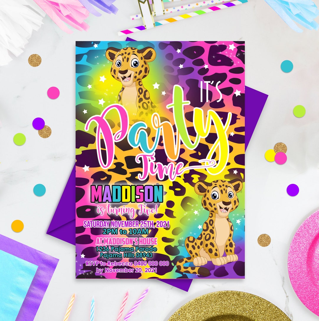 RAINBOW CHEETAH Party Invitation Editable Corjl Rainbow Baby Cheetah ...