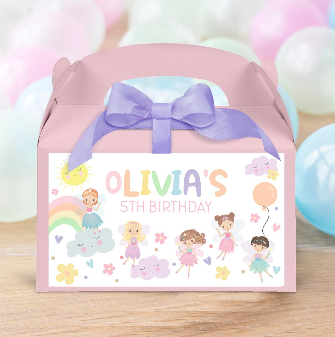Editable Rainbow Fairy Gable Box Favor Label Fairy Label Gift Box ...