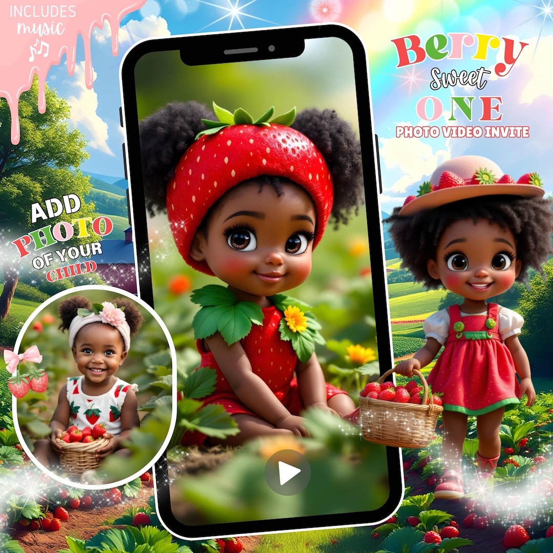 Berry Sweet One Photo Birthday Video Invitation: African American First ...