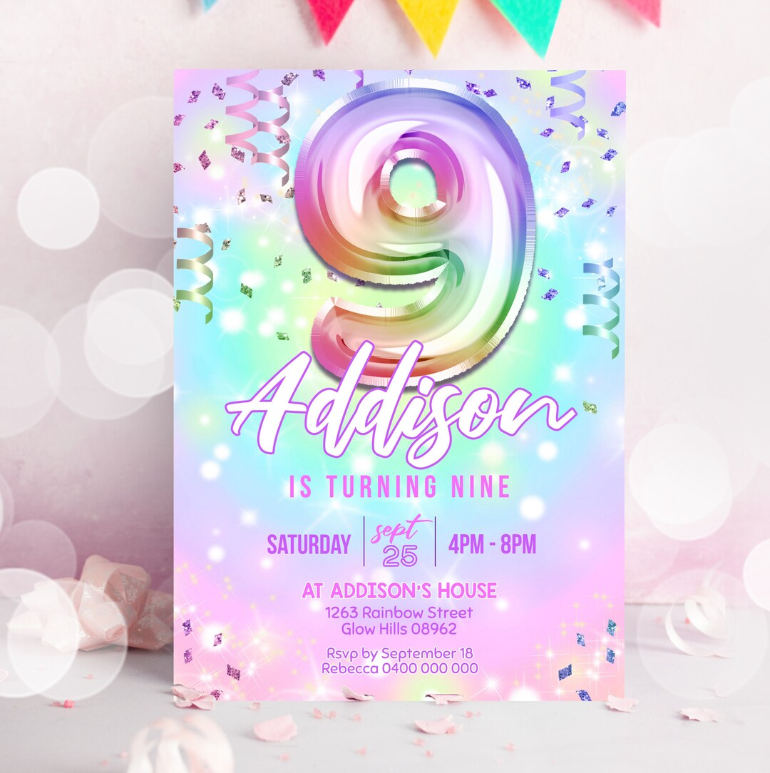 9TH BIRTHDAY Invitation Editable Foil Balloon 9th Birthday Invite ...