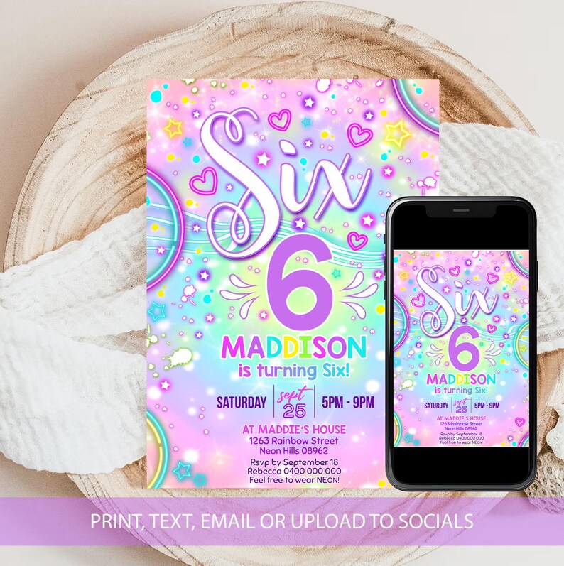 Neon Rainbow 6th Birthday Invitation: Girl Sixth Party Evite (digital ...
