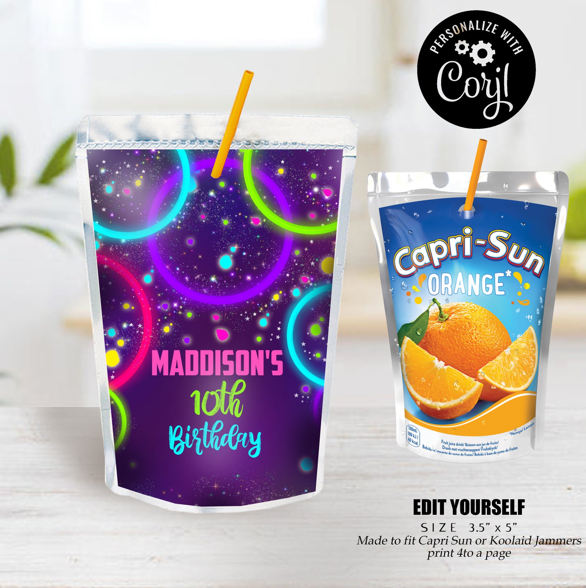 Glow Caprisun Label Printable Neon Capri Sun Label Editable - Etsy