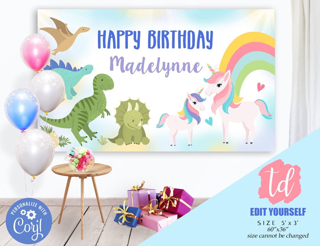 Dinosaur Unicorn Birthday Banner Instant Download 60x36 Dinosaur ...