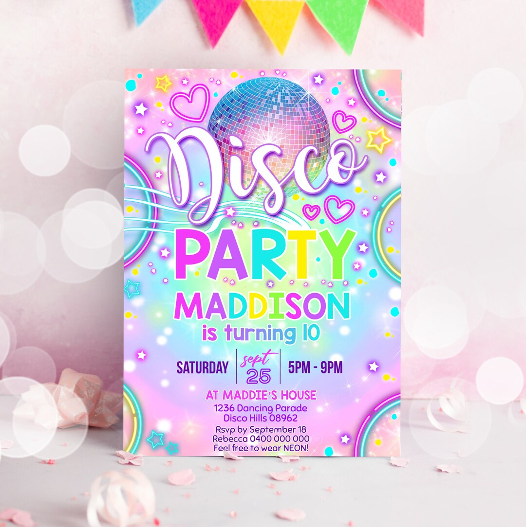 DANCE PARTY INVITATION Neon Disco Party Invitation Instant Download ...