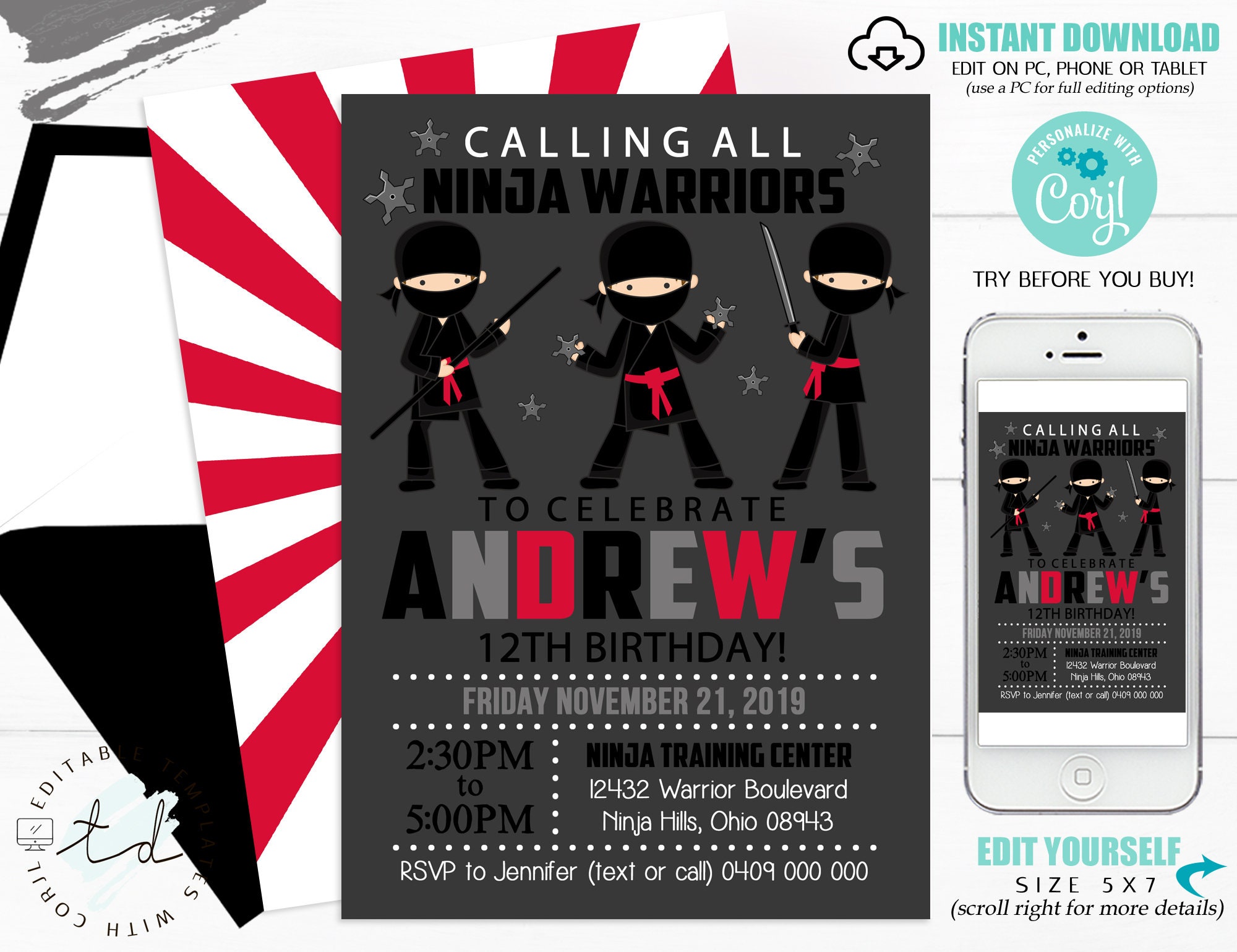 NINJA INVITATION Instant Download Ninja Party Invitation NINJA | Etsy