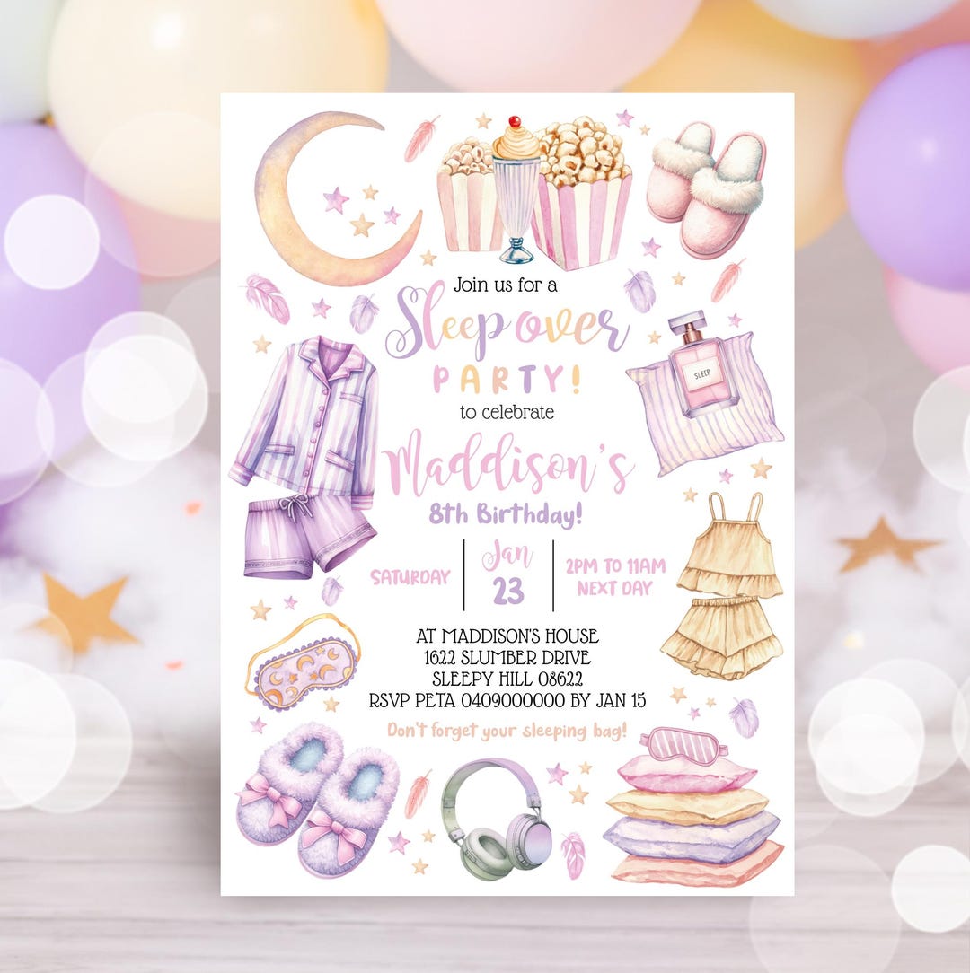 SLEEPOVER PARTY INVITATION Slumber Invitation Sleep Over Birthday ...