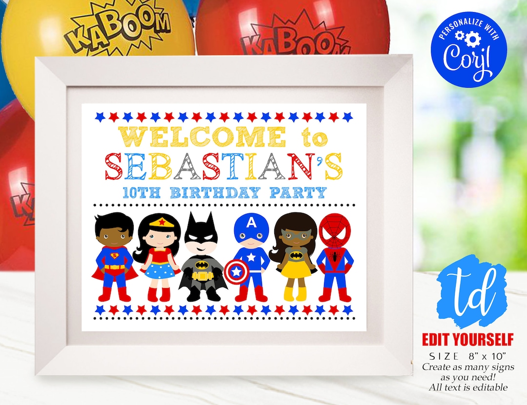 SUPERHERO PARTY Signs Editable Superhero Mixed Race Party Signs Corjl ...