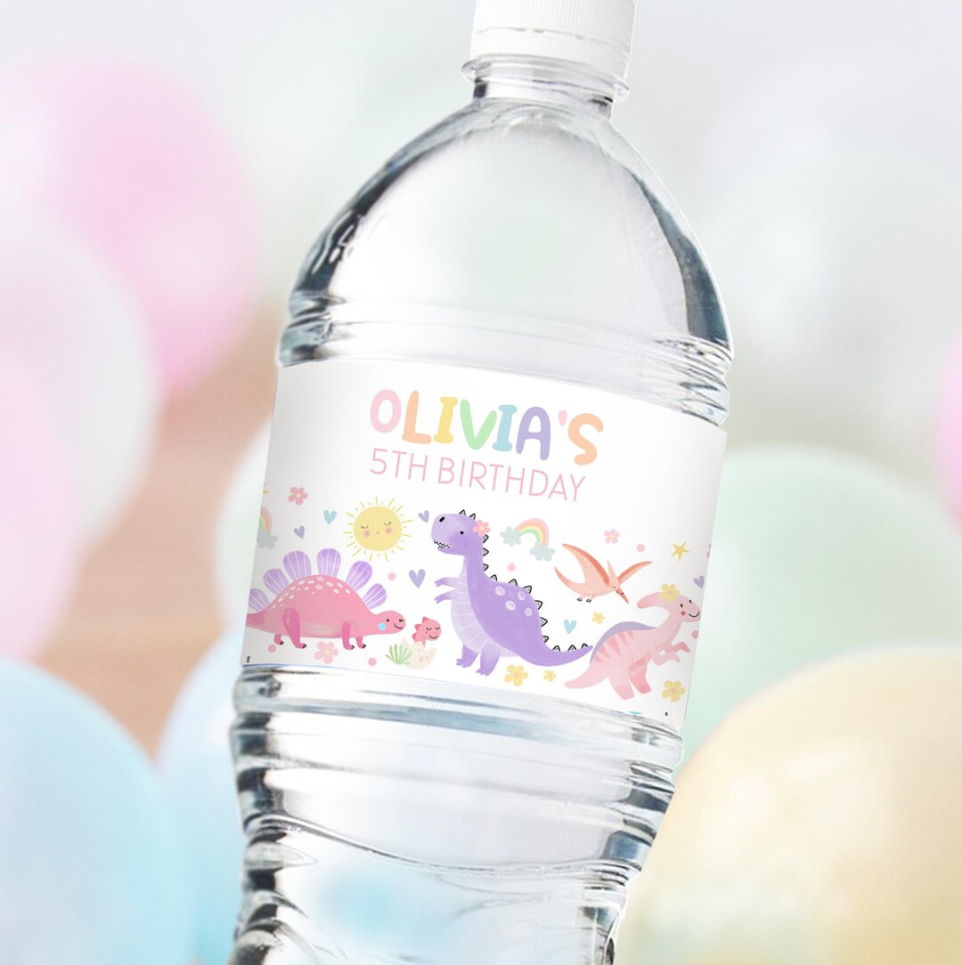 DINOSAUR WATER BOTTLE Labels Editable Rainbow Dinosaur Water Bottle ...